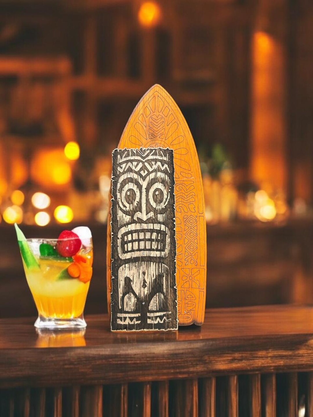 Handcrafted 3D Wooden Tiki Idol With Surfboard Backdrop Freestanding ...