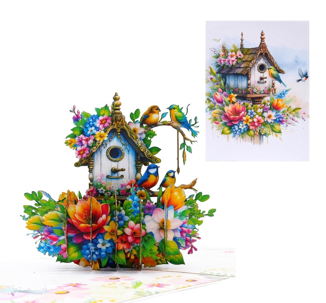 Birdhouse 3D Pop up Card – Floral Bird Pop up Greeting Card - H45 - Etsy