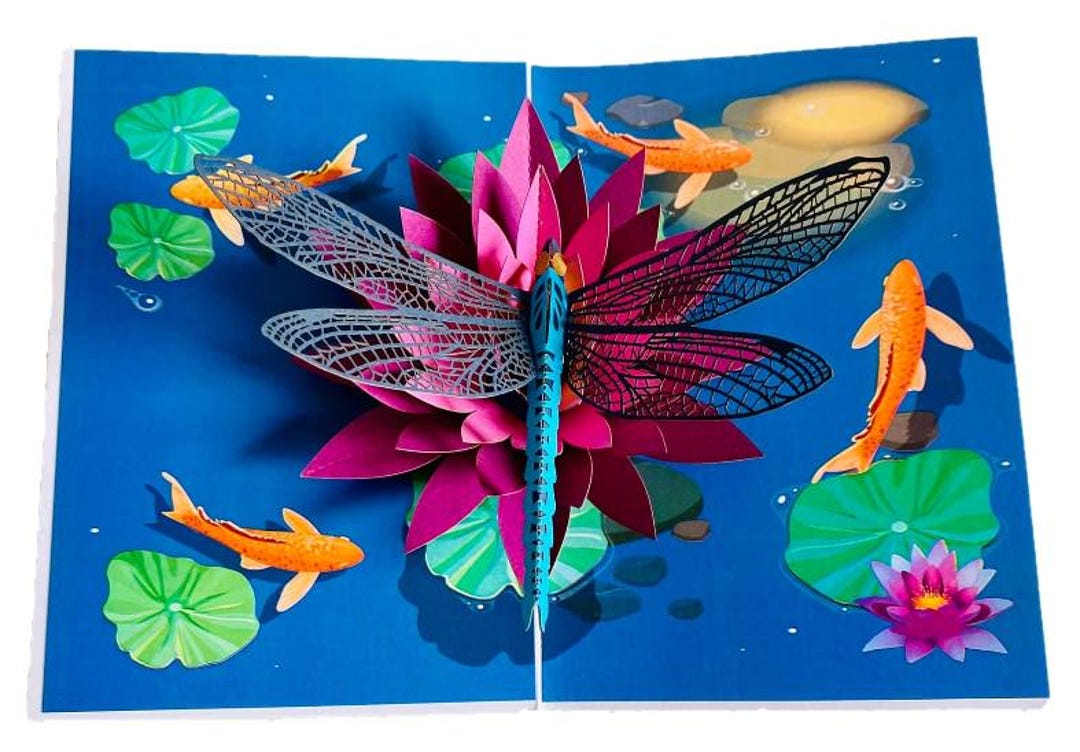 3D Dragonfly and Lotus Pond Pop-up Card – Koi Fish, Water Lilies ...