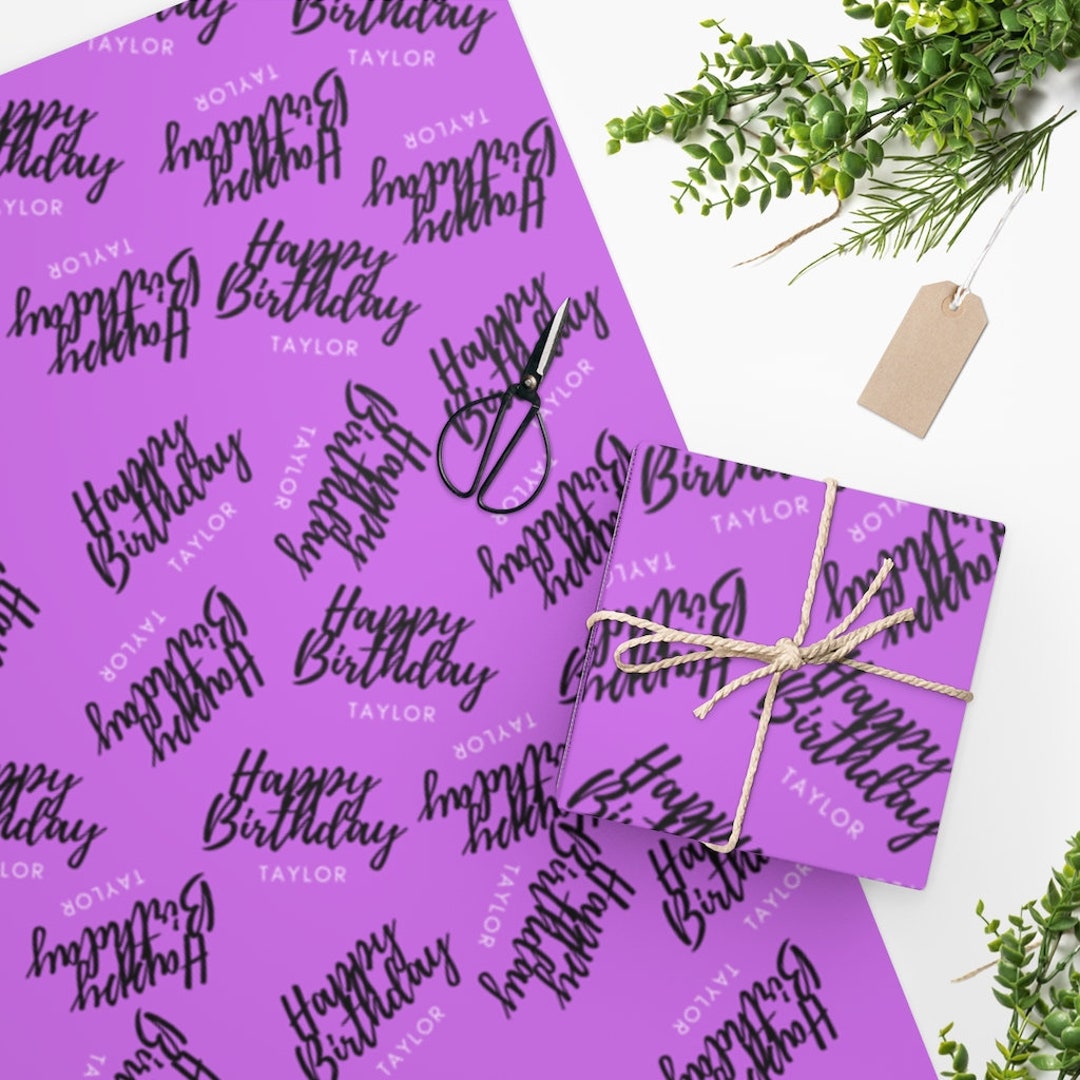 Purple Name Wrapping Paper Rolls Personalized Happy Birthday Gift Paper ...