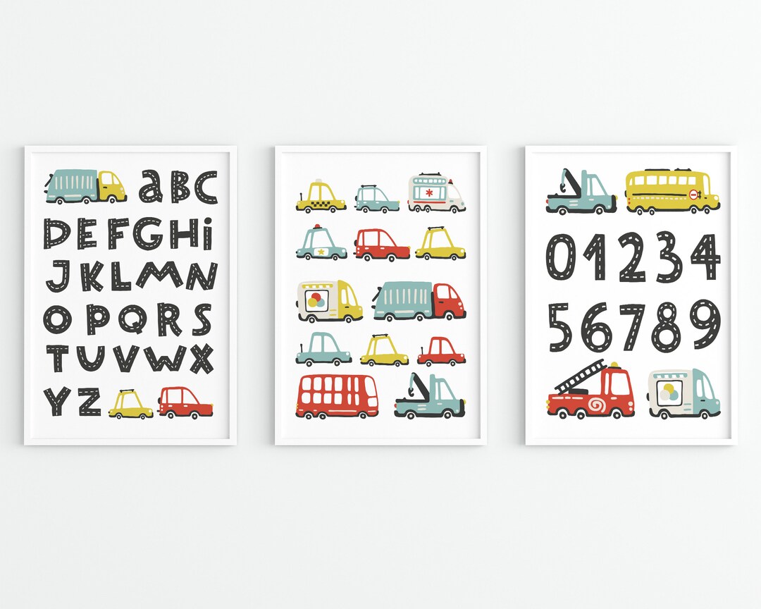 Transportation ABC and Numbers Prints - Set of 3 - Wall Art - Baby Boy ...