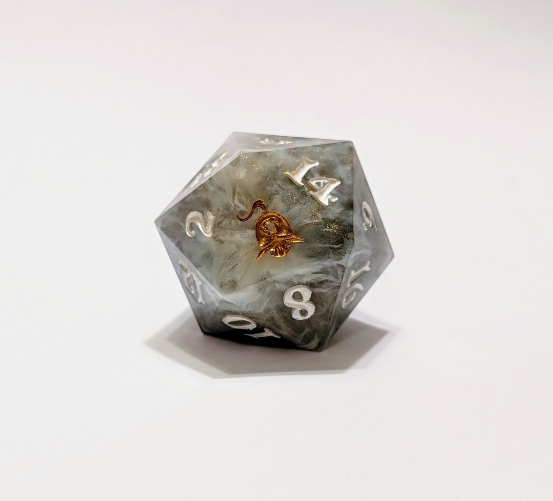 Smoke & Shadow 34mm Jumbo D20 Dice White, Black and Gold Glitter Single ...