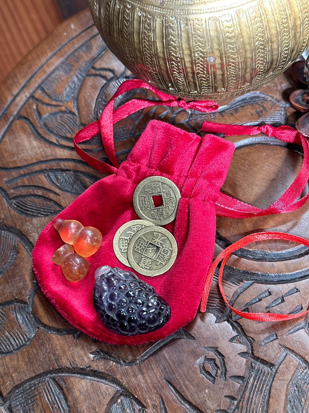 Abundance and Prosperity Pouch Hand Carved Deep Purple Small Fluorite ...