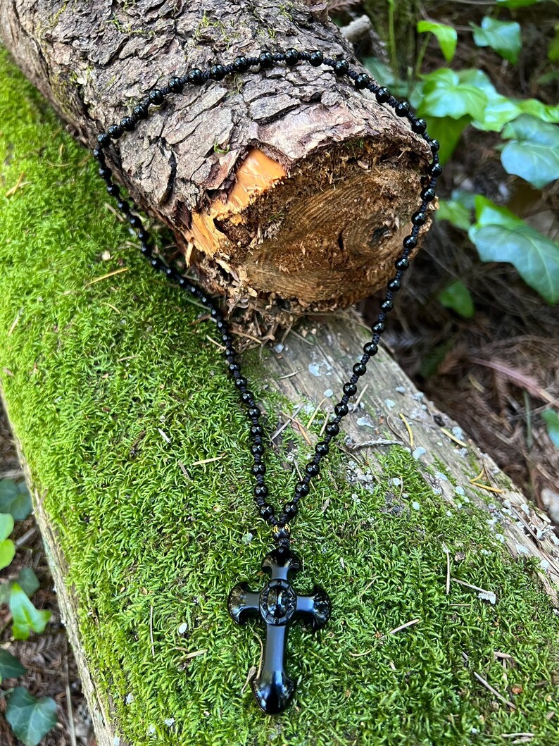 Black Obsidian Cross With Beaded Chain - Etsy