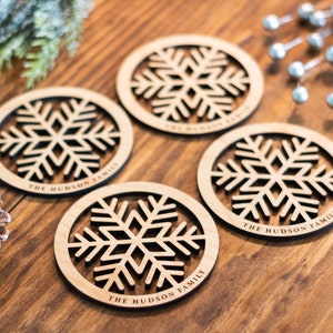 Snowflake Wood Coaster Set Christmas Themed Holiday Drink Coaster Gift ...