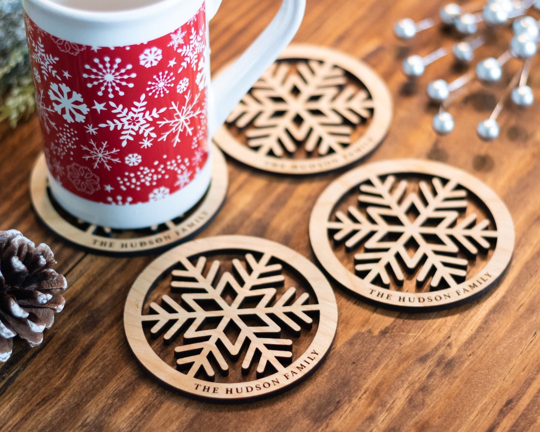 Snowflake Wood Coaster Set Christmas Themed Holiday Drink Coaster Gift ...
