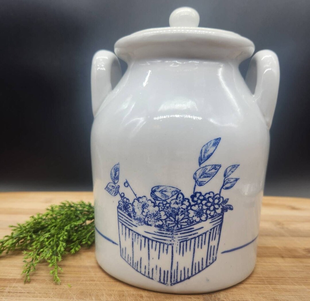 Vintage Cream Crock With Lid Hand Painted Blue Basket of Flowers - Etsy