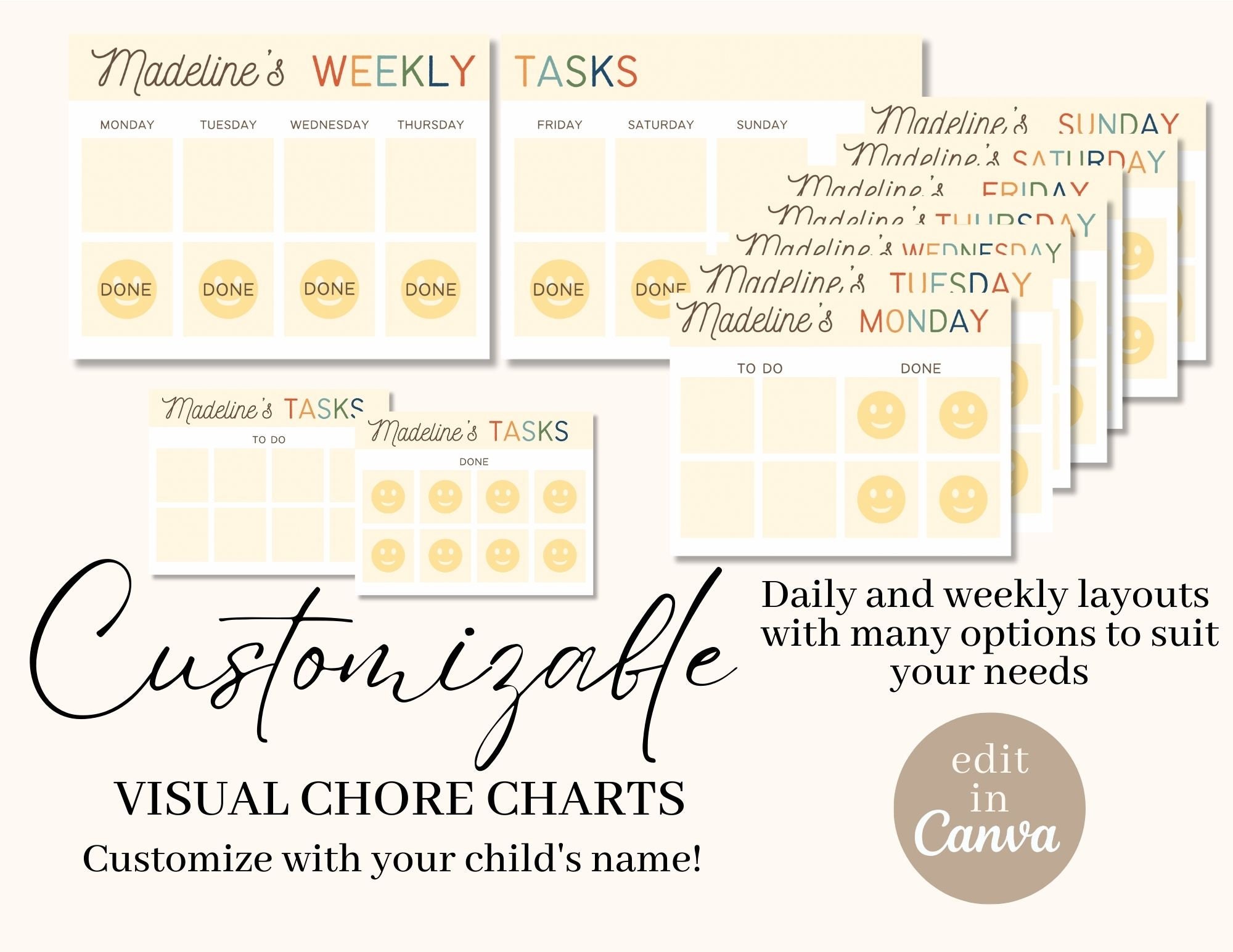 Editable Kids Daily Chore Cards | Daily Visual Schedule | Canva Chore ...