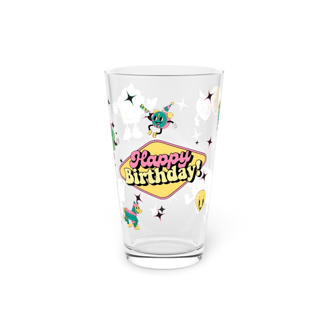 Happy Birthday Glass Pint With Retro Cartoons | Retro Pint Glass 16oz ...