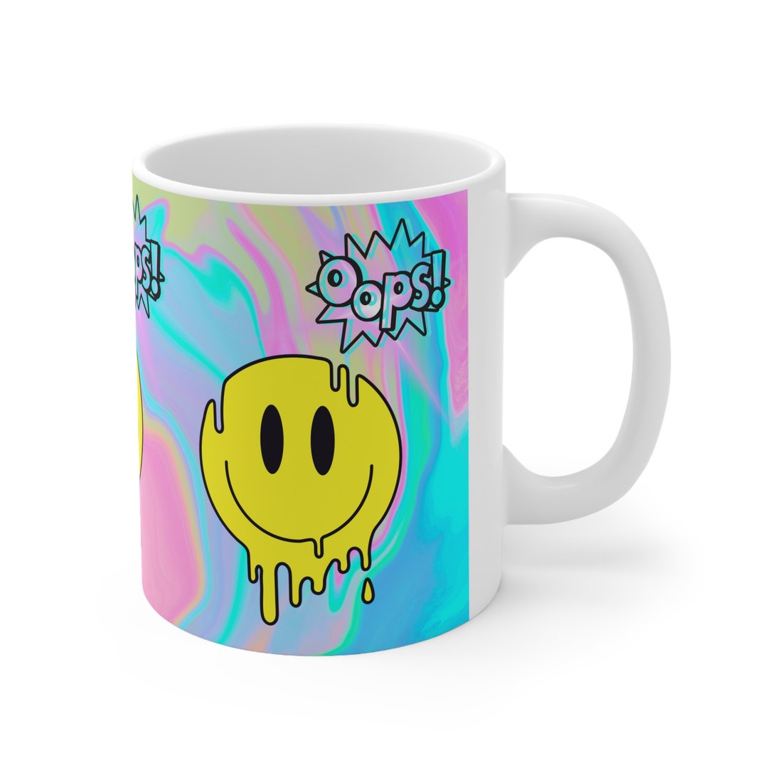 Melty Happy Smiley Face Mug - Y2K Style Pastel Watercolor Design - 11oz ...