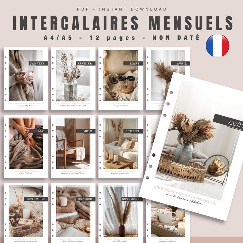 Printable French Monthly Aesthetic Dividers - Undated Monthly Cover for ...
