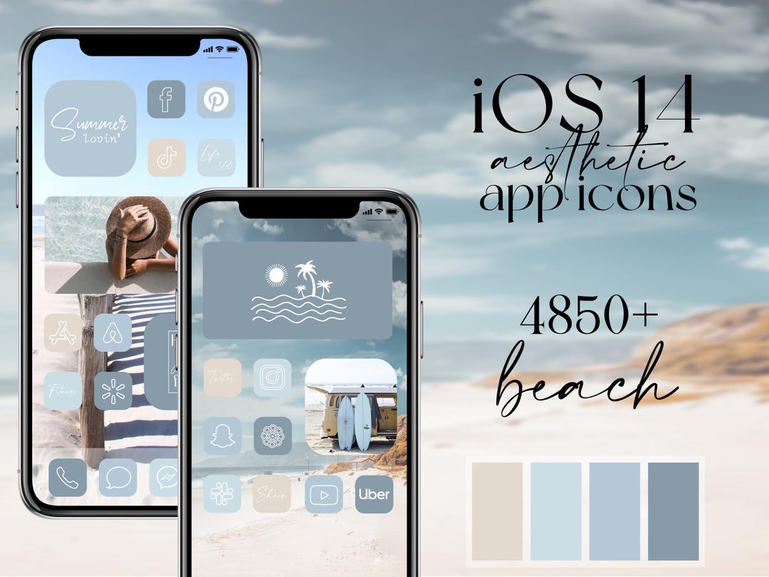 Ios 14 Beach App Icons, Blue Beach Pack Icons, Aesthetic Line Art and ...