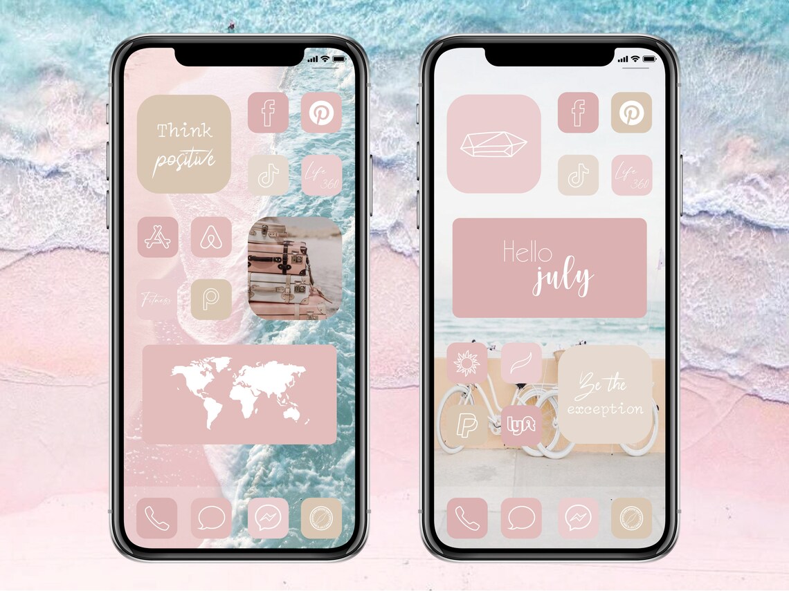 Ios Pink Beach Icon Pack, Pink Summer Home Screen, Aesthetic Line Art ...