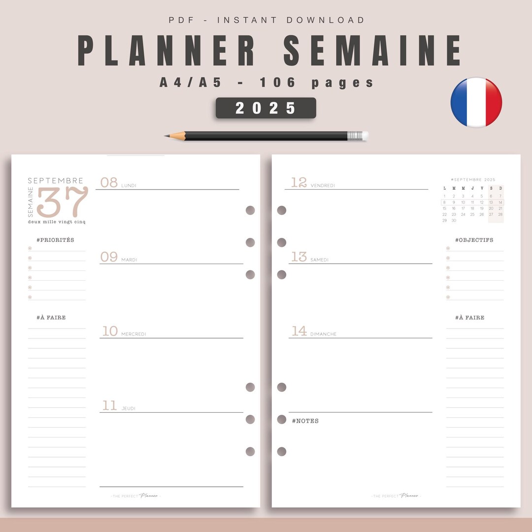 2-page Weekly Planner Refill in French 2025 - Printable Dated Planner ...