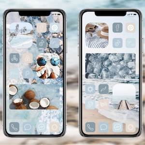 Ios 14 Beach App Icons, Blue Beach Pack Icons, Aesthetic Line Art and ...