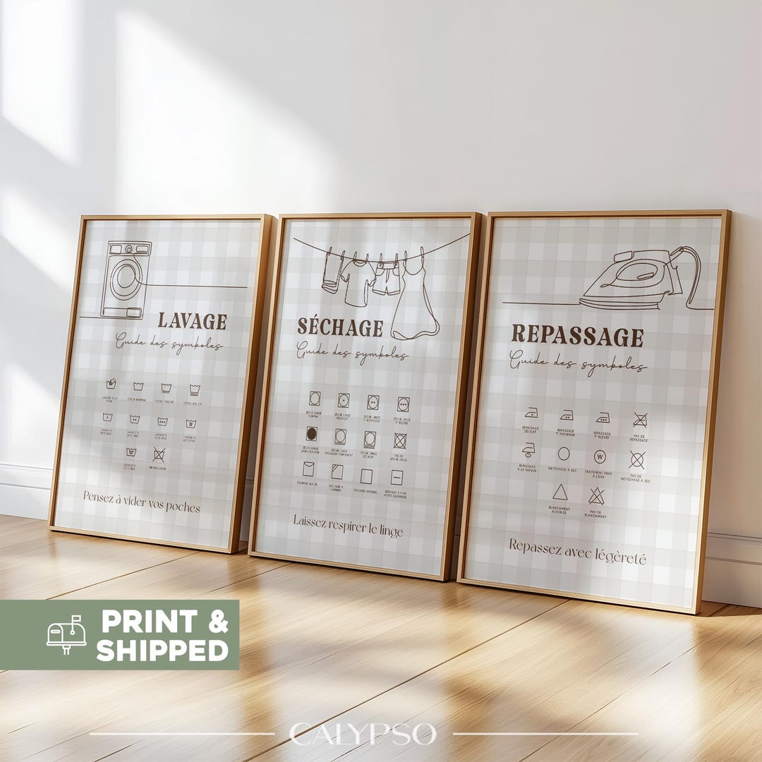 Beige and Brown Gingham Laundry Posters, Washing, Drying, and Ironing ...
