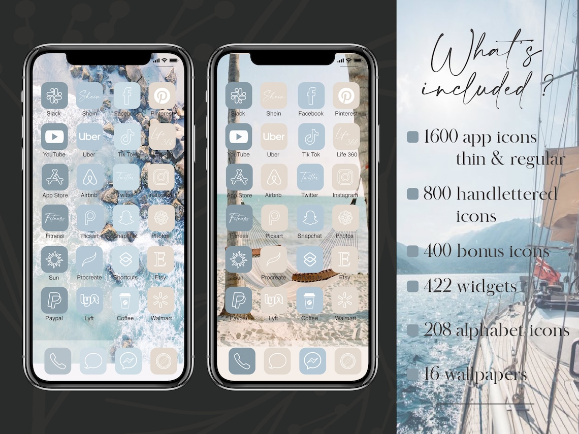 Ios 14 Beach App Icons, Blue Beach Pack Icons, Aesthetic Line Art and ...