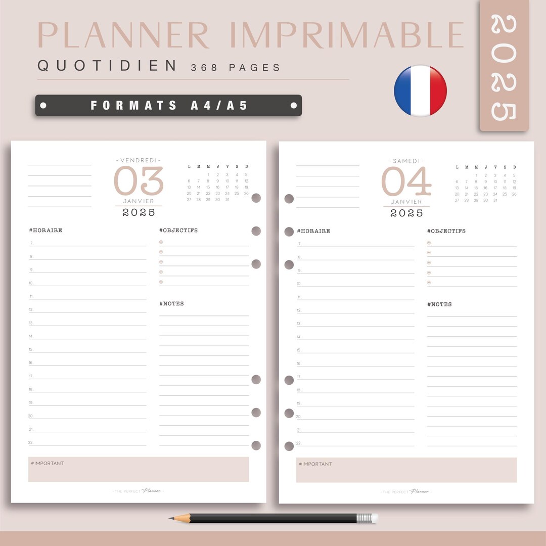 Planner Quotidien 2025 En Français à Imprimer 1 Page Par Jour Planner ...