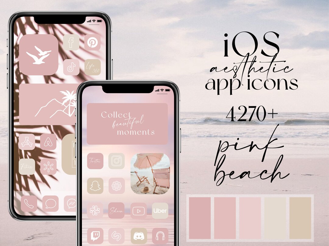 Ios Pink Beach Icon Pack, Pink Summer Home Screen, Aesthetic Line Art ...