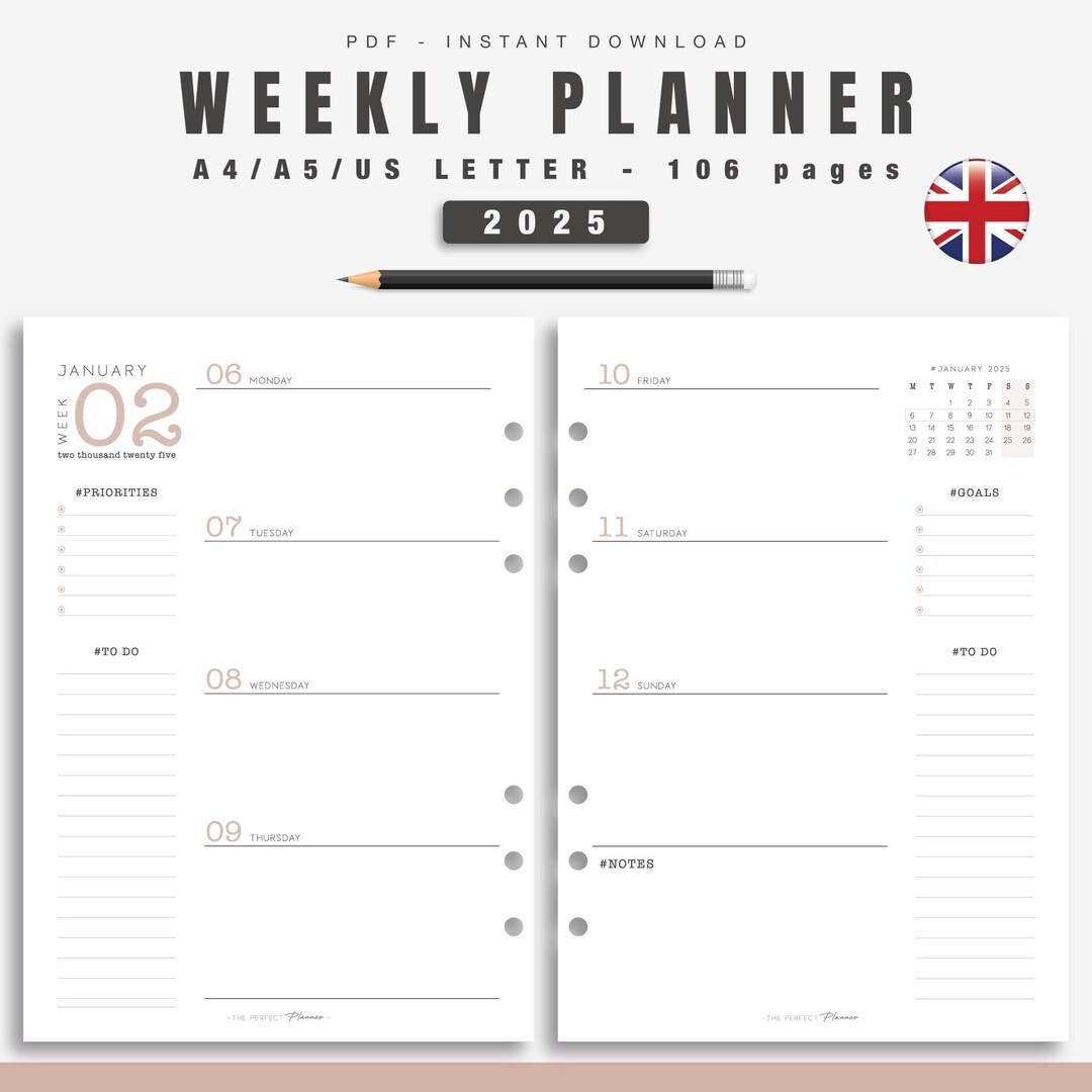 Beige Diary Refill 2 Pages per Week 2025 - Printable Dated Planner A4 ...