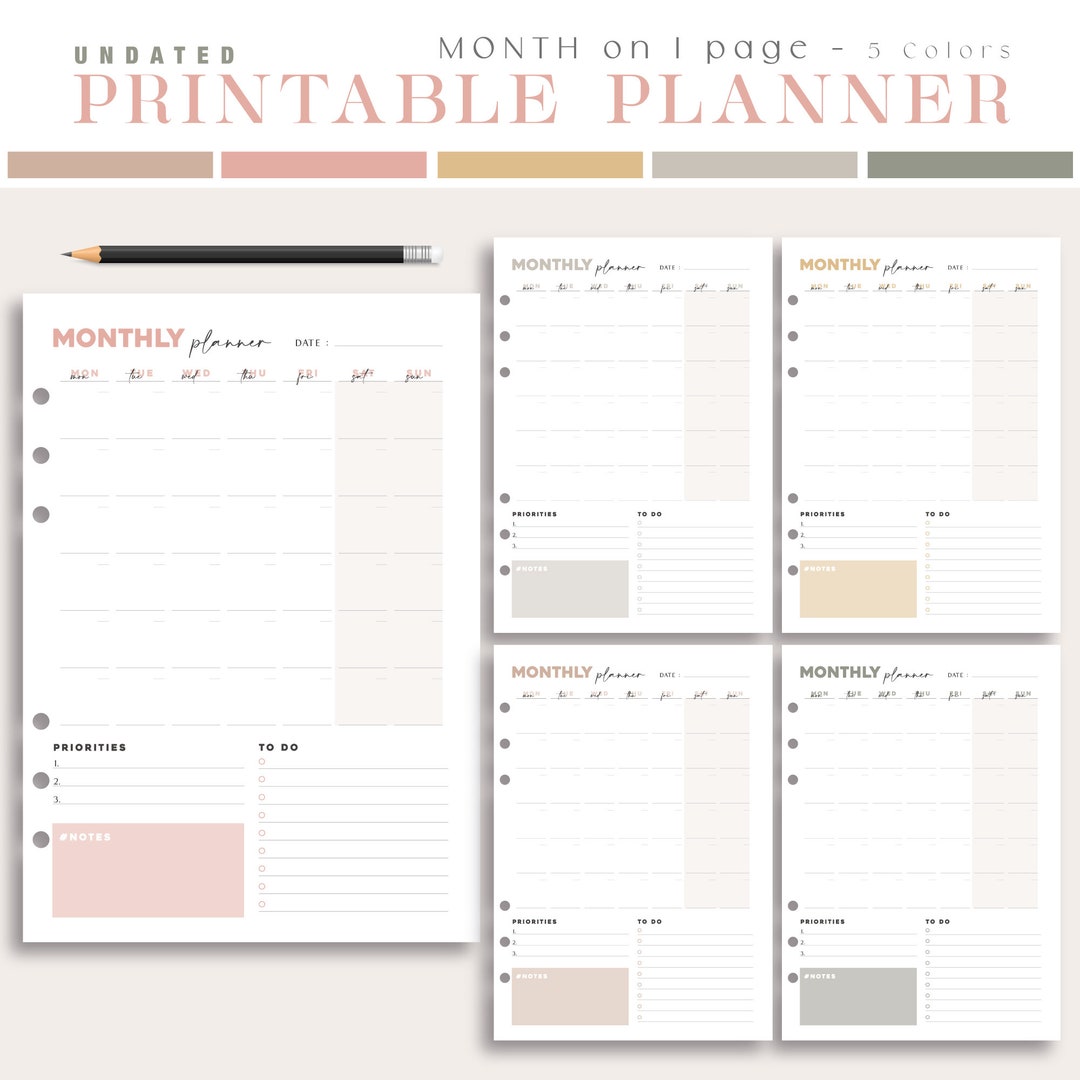 Monthly Undated Printable Planner 5 Matching Colors A4, A5 and US ...