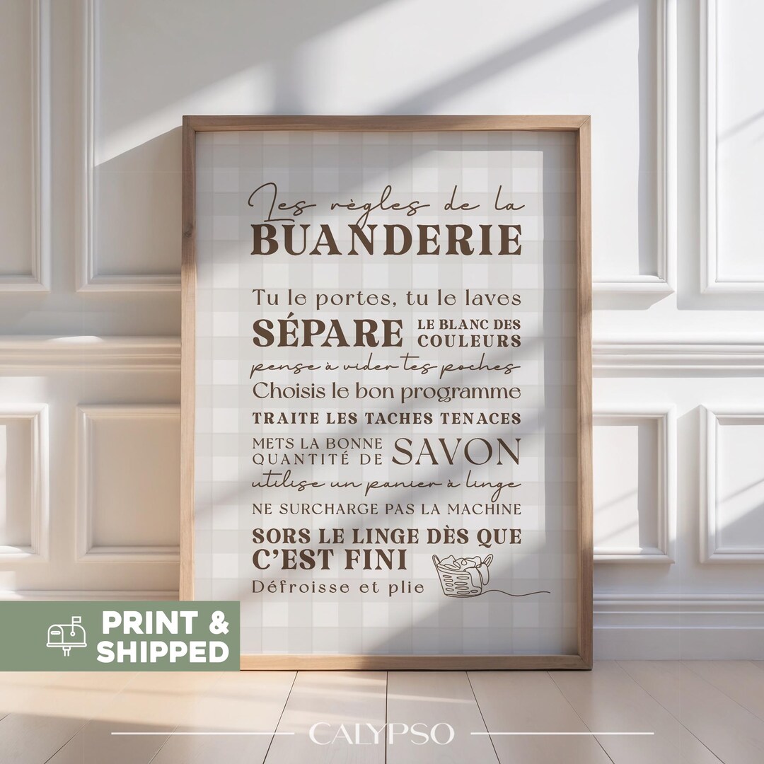 Laundry Room Rules Poster in French on a Beige Gingham Background ...