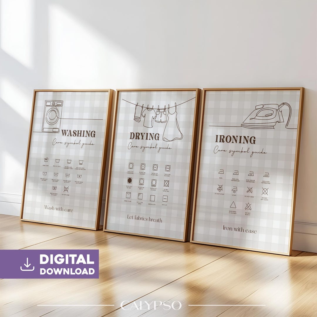 Trio of Digital Posters: Laundry Room, Brown Gingham, Washing, Drying ...