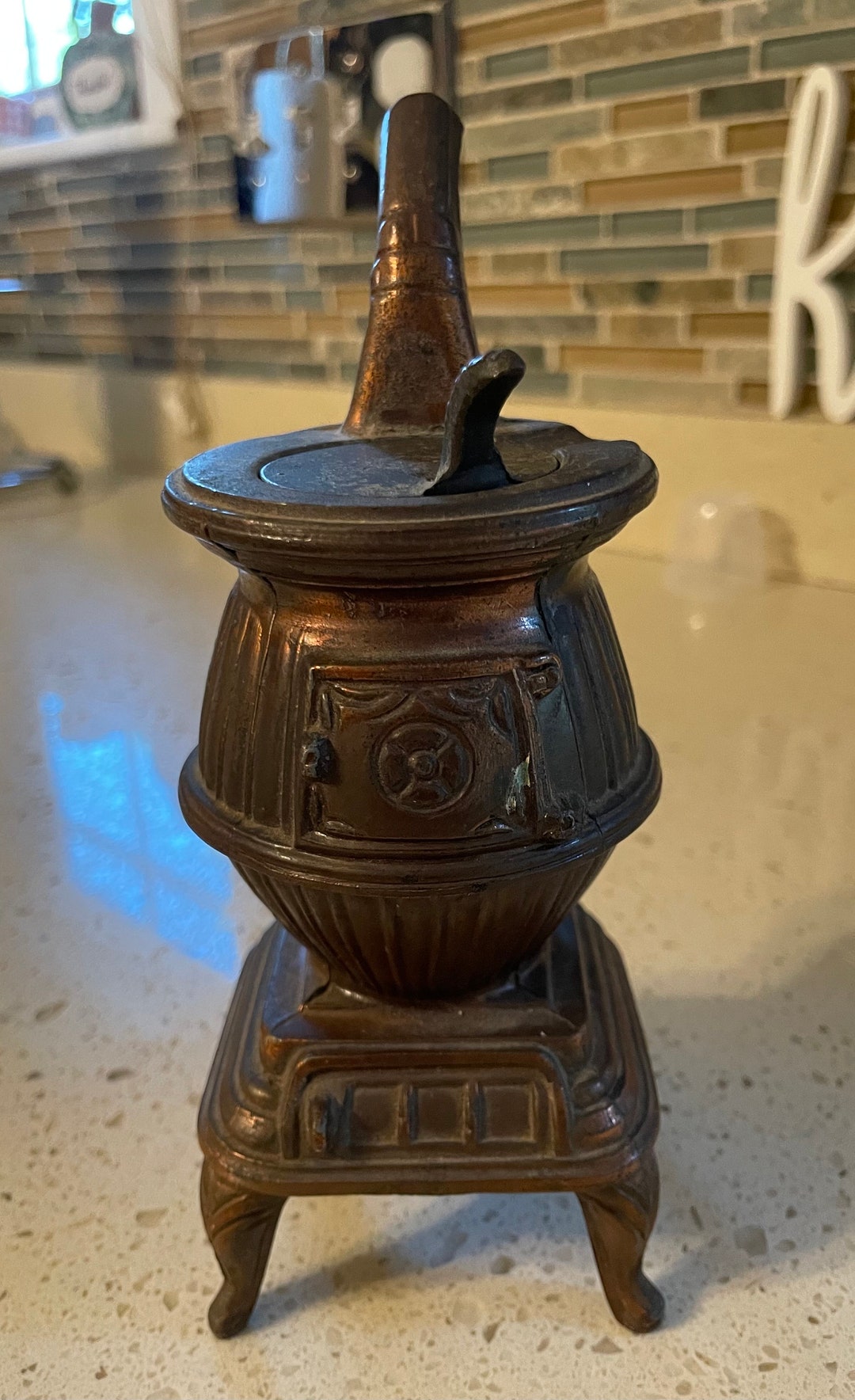 Vintage Mini Cast Iron Pot Belly Stove Ashtray Incense Burner With ...