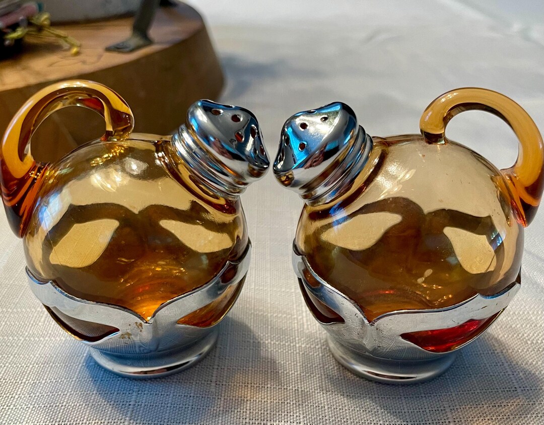 Vintage Farber Brothers Amber Glass and Chrome Salt and Pepper Shakers ...