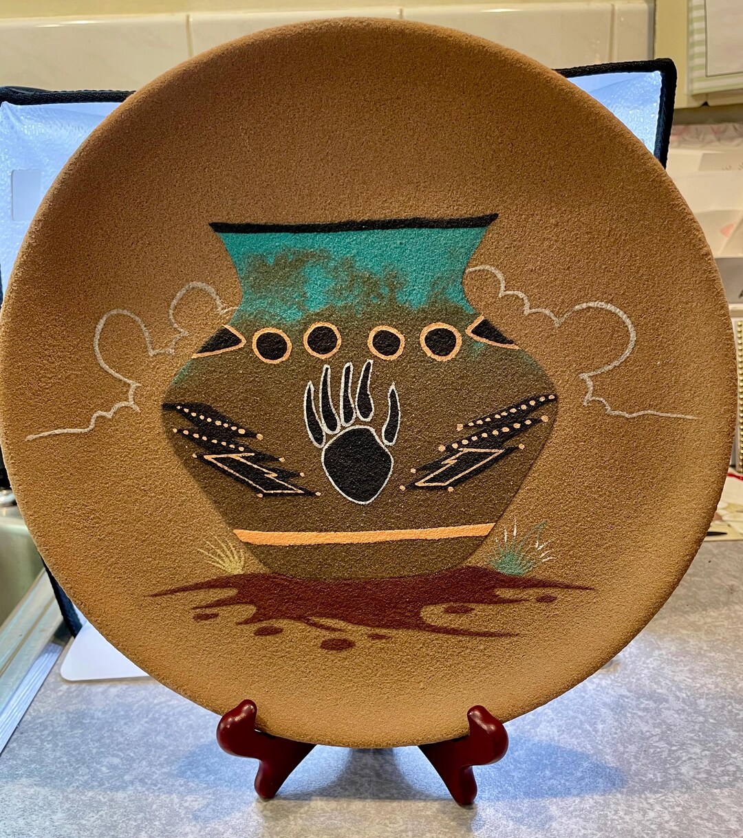 Native American Sand Painted Decor Plate of Clay Pot With Bear Claw ...