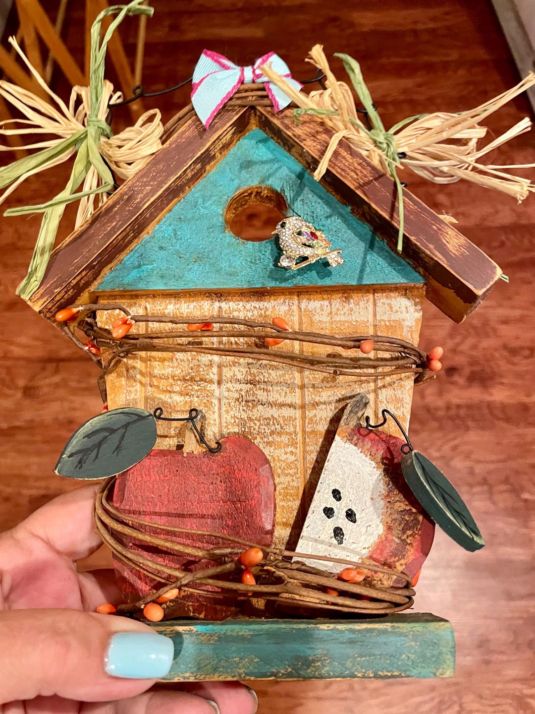 Wood Flat Birdhouse Hanger/shelf Sitter With Apples and Gem Bird Fall ...
