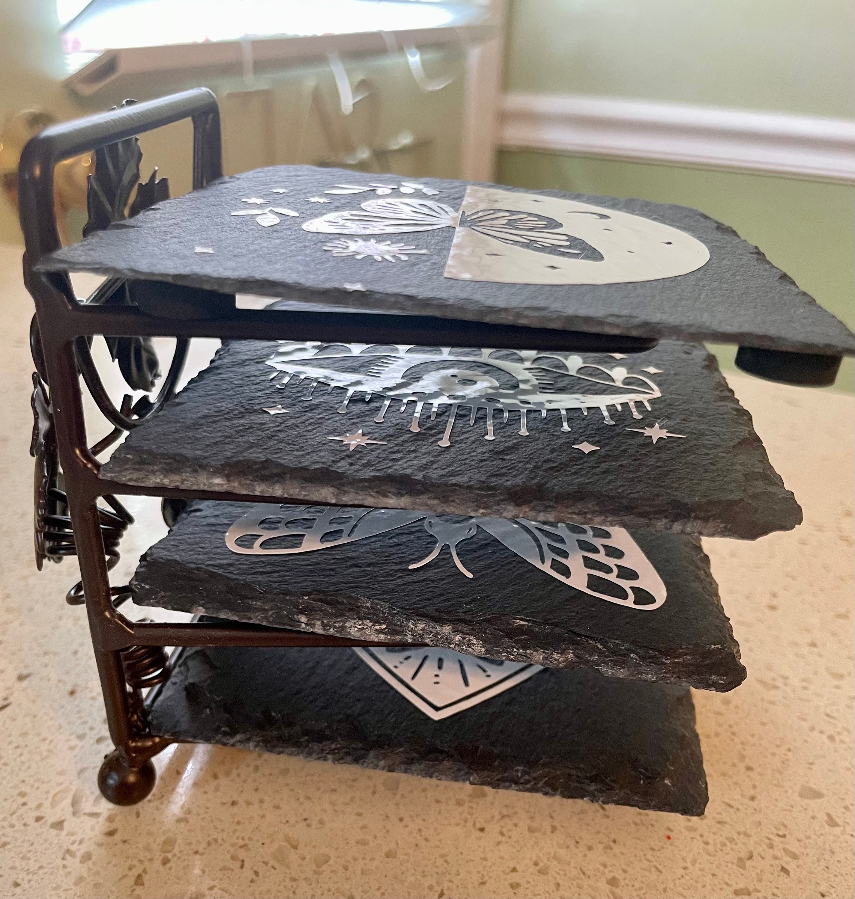 Black Slate Coasters Goth Designs With Holder - Mystical Eye, Cat ...
