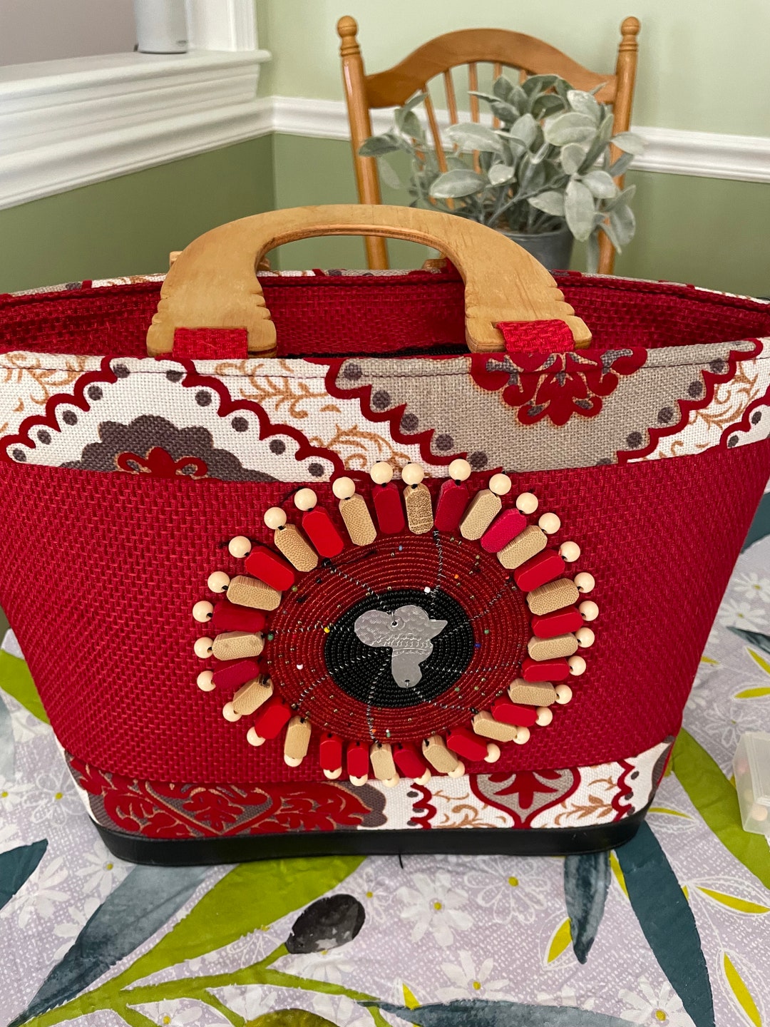 Handmade Ankara african Print Purse/bag With Wooden Handles, Beads, Red ...