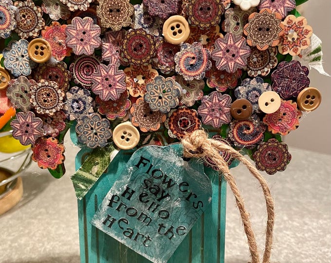 Handmade Rustic Wood Button Tree Flowers in Blue Wood Mason Jar With ...