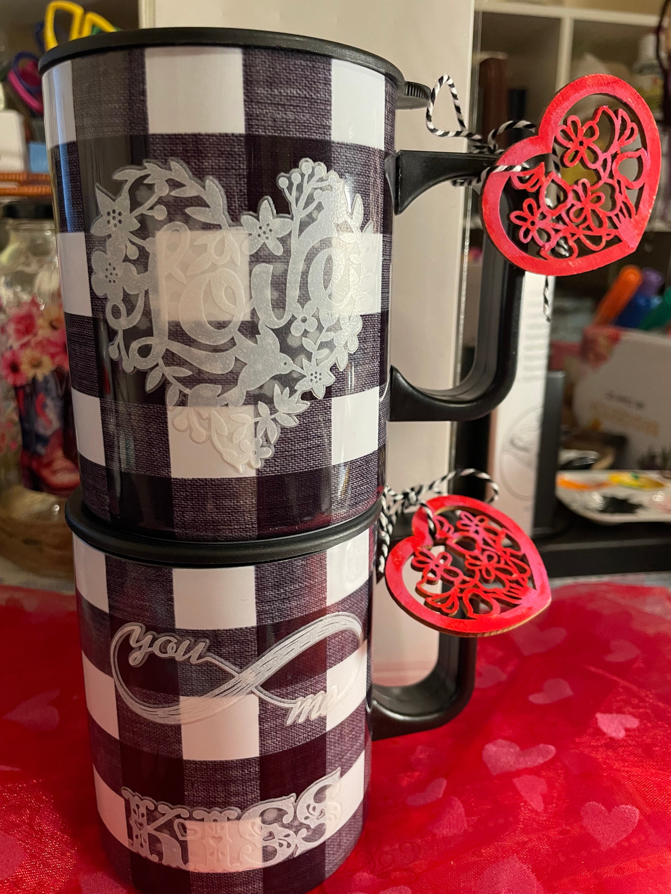 Tin Love Mug Pair Buffalo Check Hot or Cold Beverage Cup With Lid - Etsy