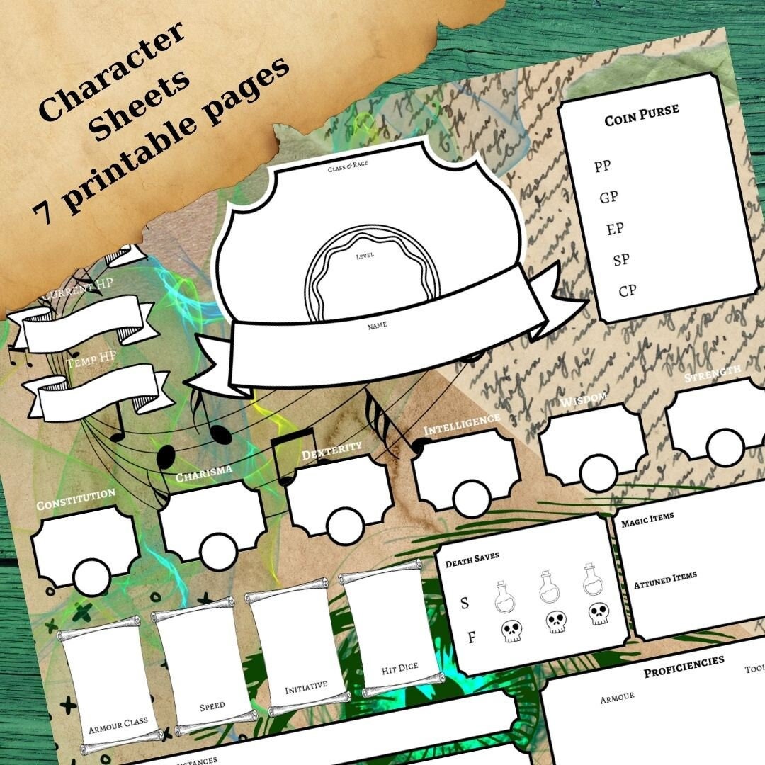 Hoja de personaje imprimible para DND 5e Companion Green Bard Design ...
