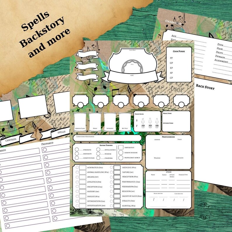 Hoja de personaje imprimible para DND 5e Companion Green Bard Design ...