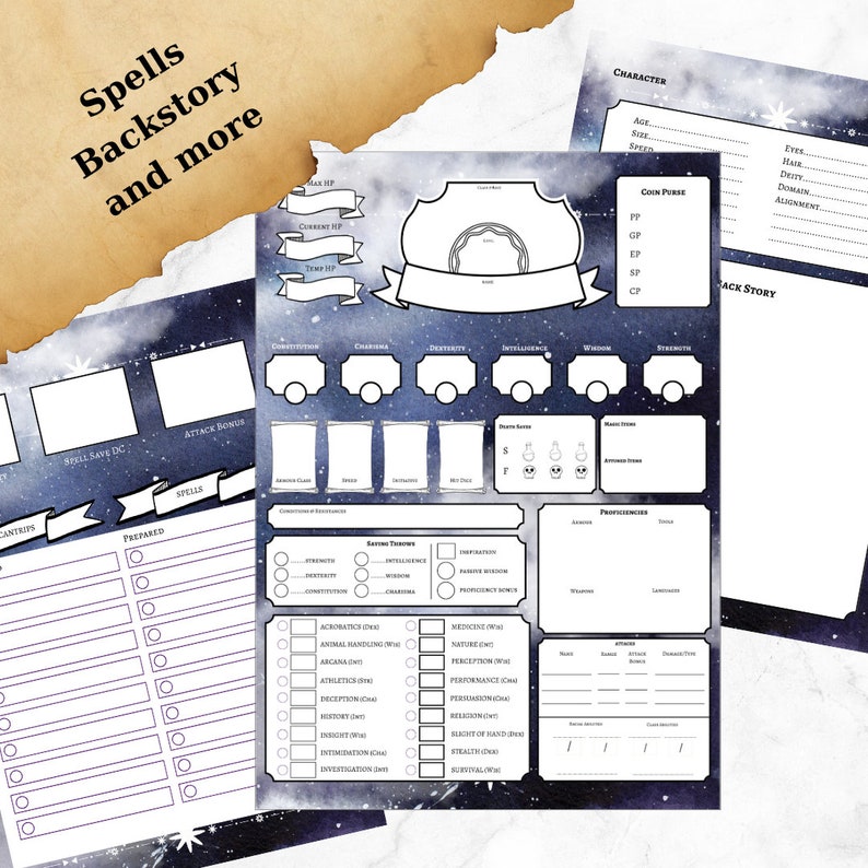 Printable Character Sheet for DND 5e Celestial Sky A4 or A5 - Etsy