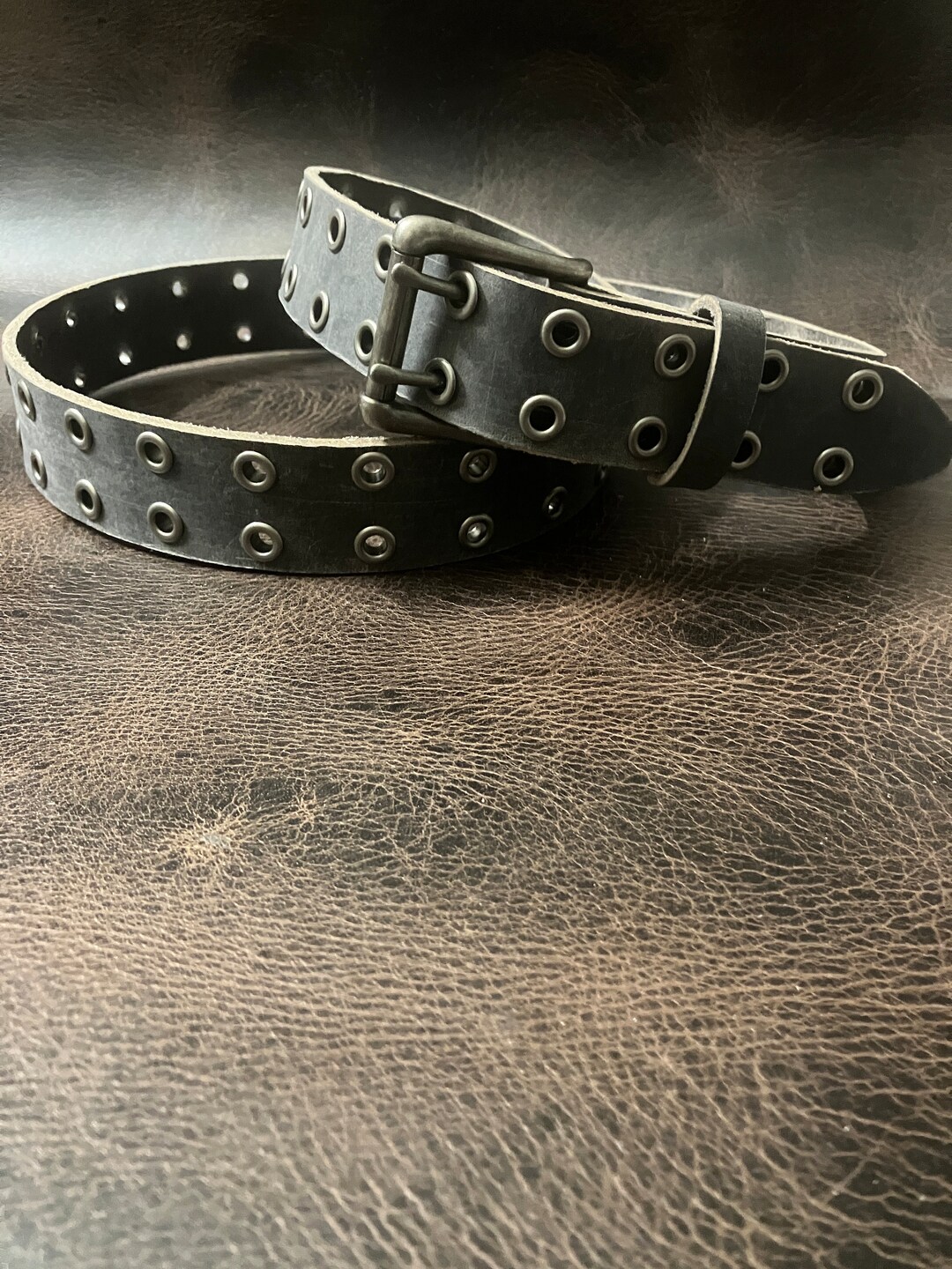 Gray Steel Distressed Buffalo Double Hole Belt 1.5” Wide Grommet ...
