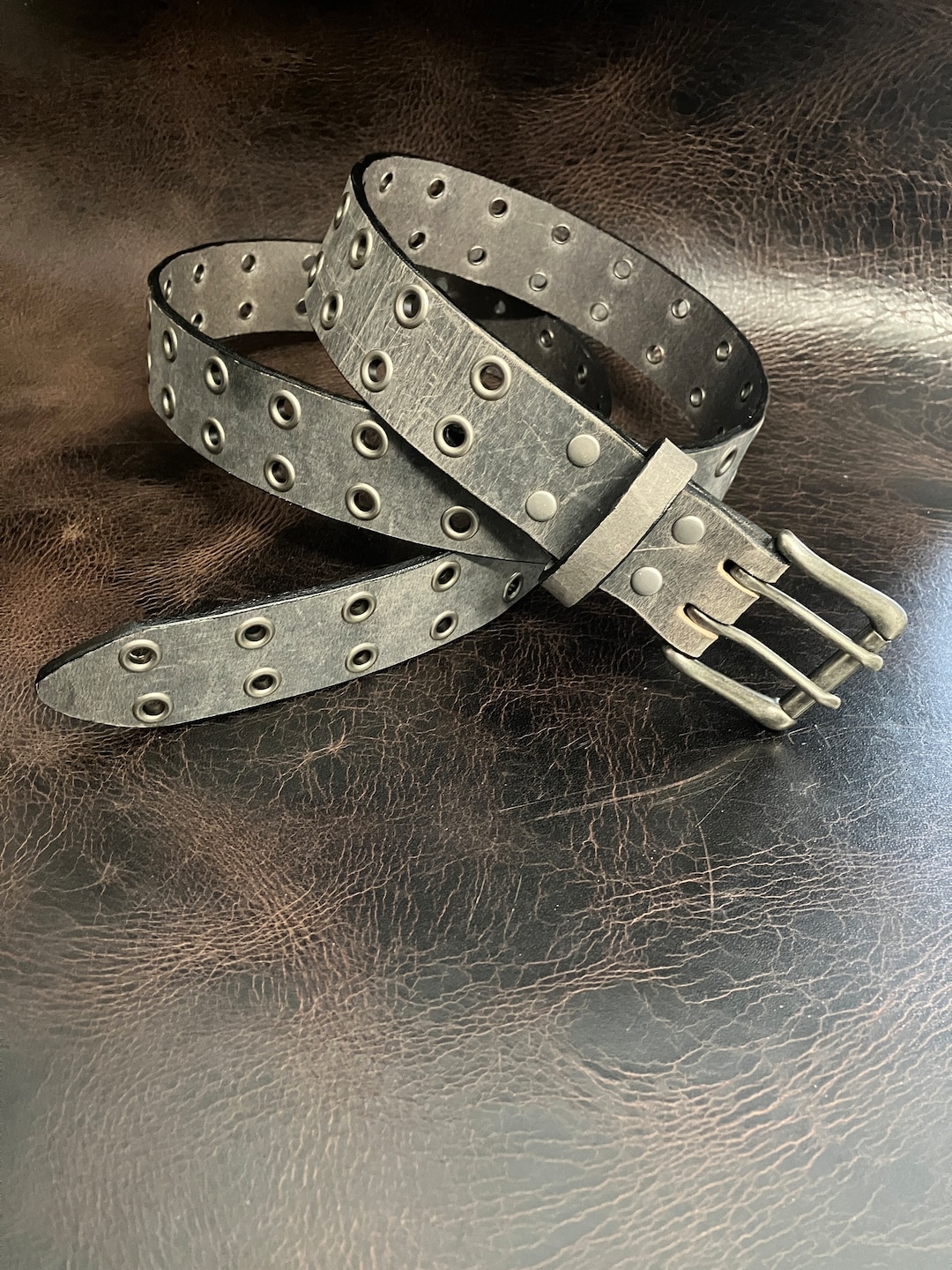 Double Hole 1 3/4” Solid Full Grain Leather Belt Double Prong Eyelets ...