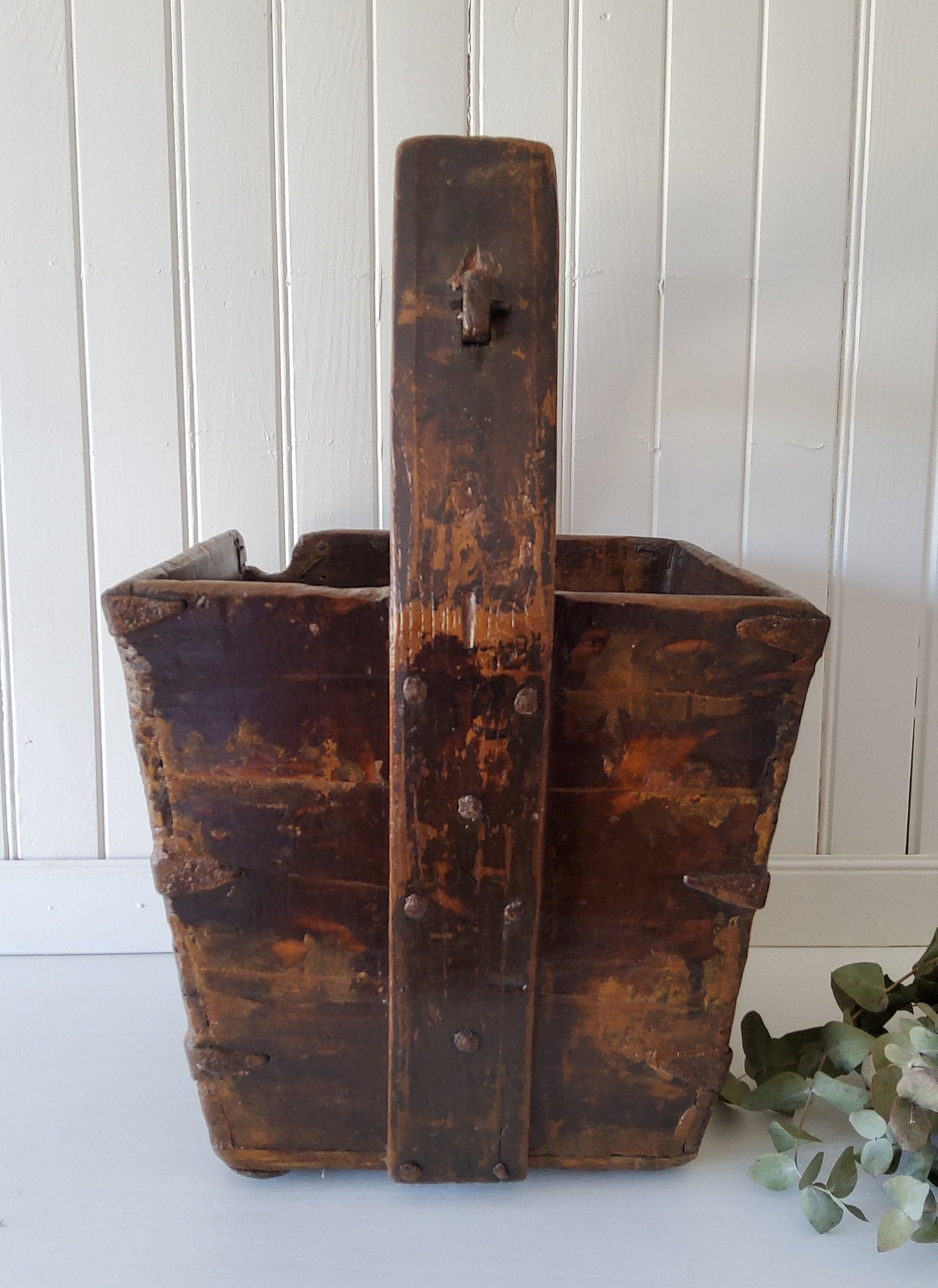 Antique Chinese Wooden Rice Bucket, Grain Basket, Primitive, Old Bucket ...