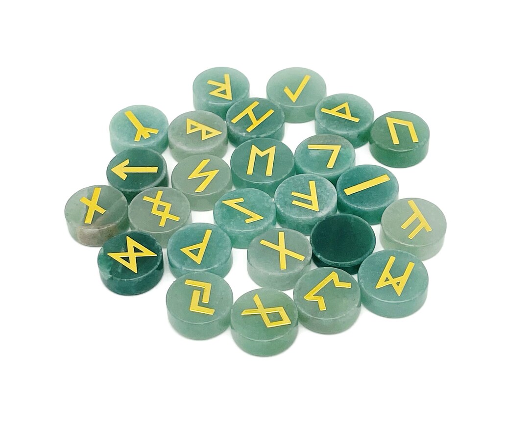 Aventurine Crystal Rune Stone Set - Elder Futhark Alphabet Engraved 25 ...