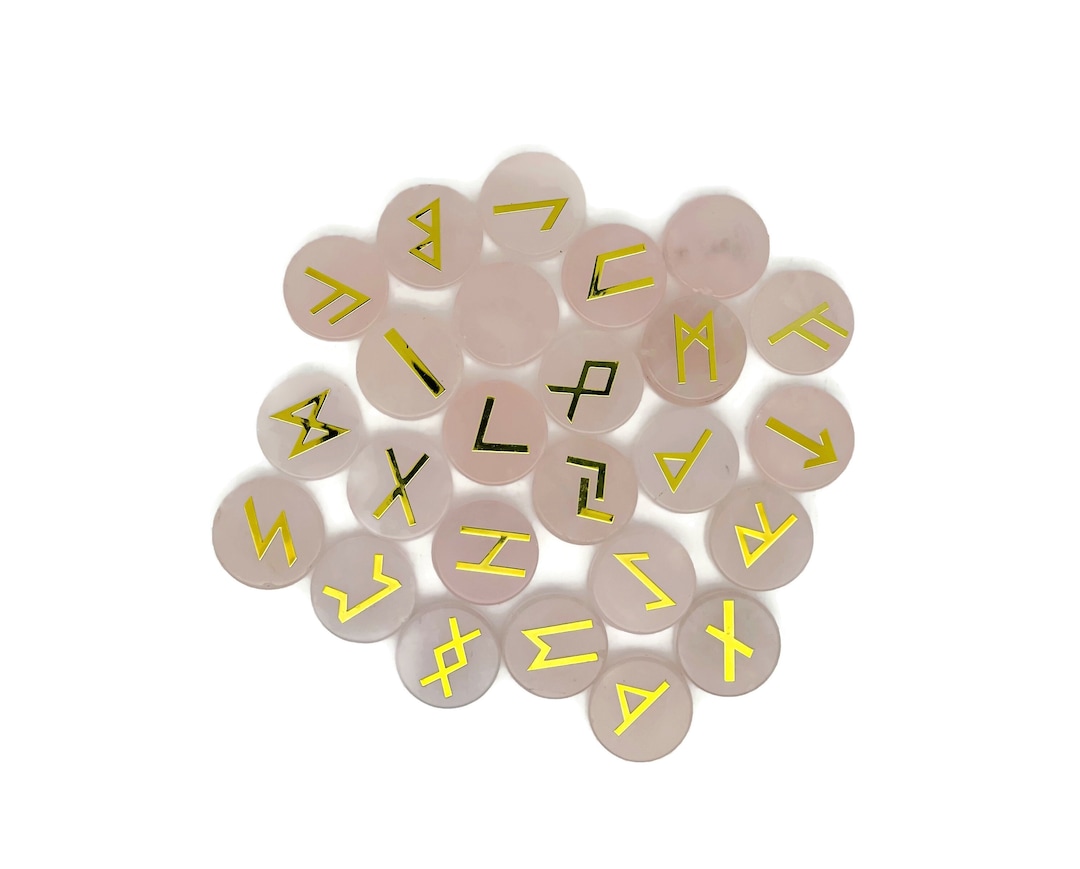 Rose Quartz Crystal Rune Stone Set - Elder Futhark Alphabet Engraved 25 ...