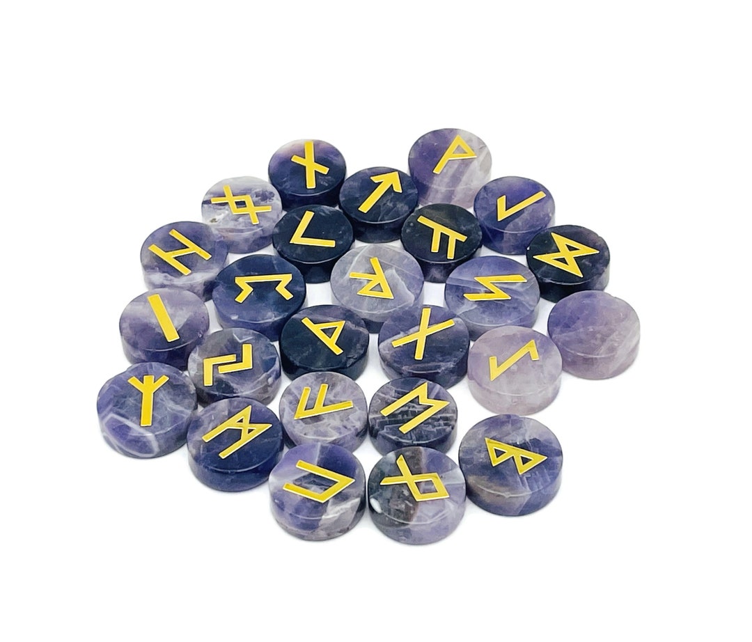 Amethyst Crystal Rune Stone Set - Elder Futhark Alphabet Engraved 25 ...
