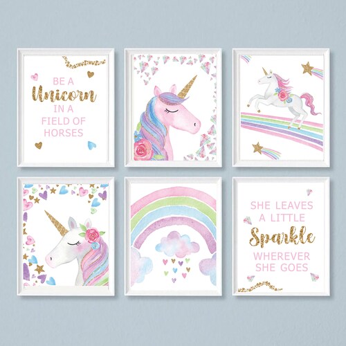 Unicorn Rainbow Motivational Wall Art Decor Set of 6 - Etsy
