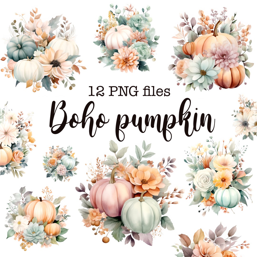 Boho Pumpkin Bouquets Watercolor Clipart, Fall Clipart Digital Download ...