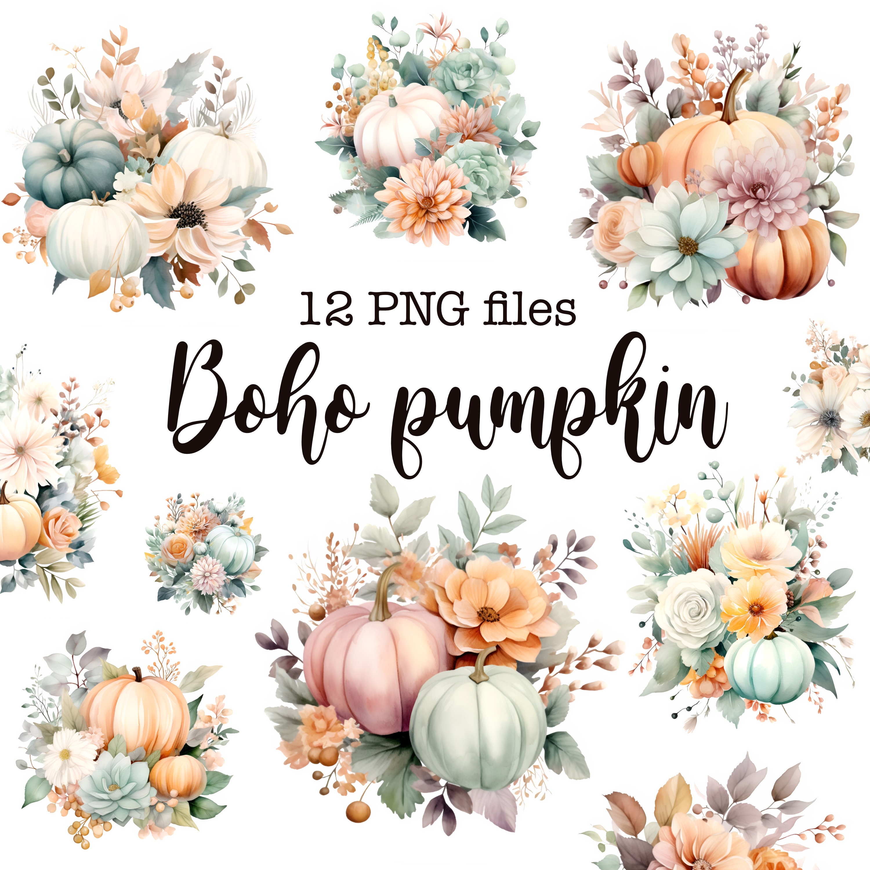 Boho Pumpkin Bouquets Watercolor Clipart, Fall Clipart Digital Download ...