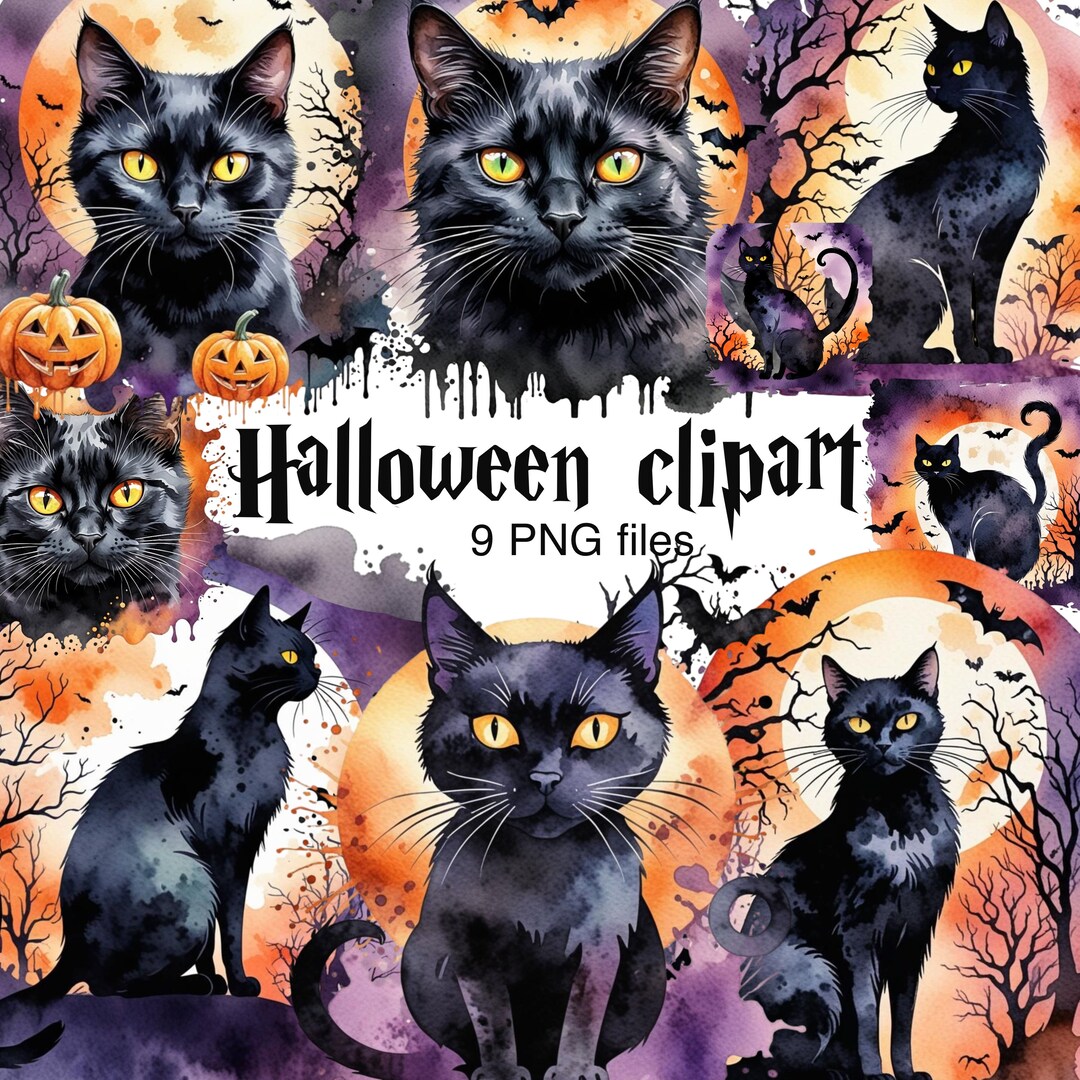 Black Cat Halloween Clipart Bundle, Halloween Sublimation Design, Junk ...