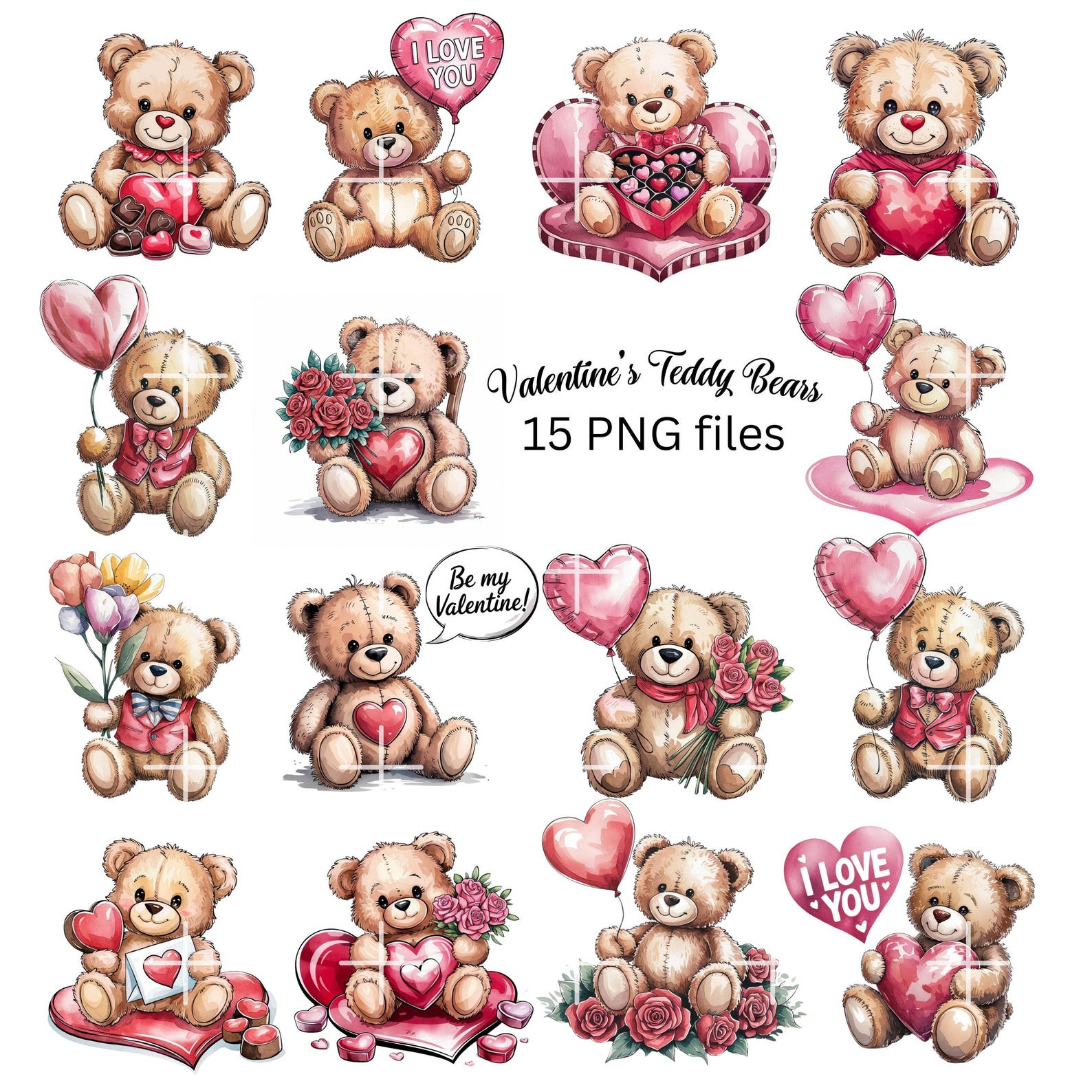 Valentine’s Day Teddy Bear Clipart Bundle, Cute Teddy Bear PNG ...