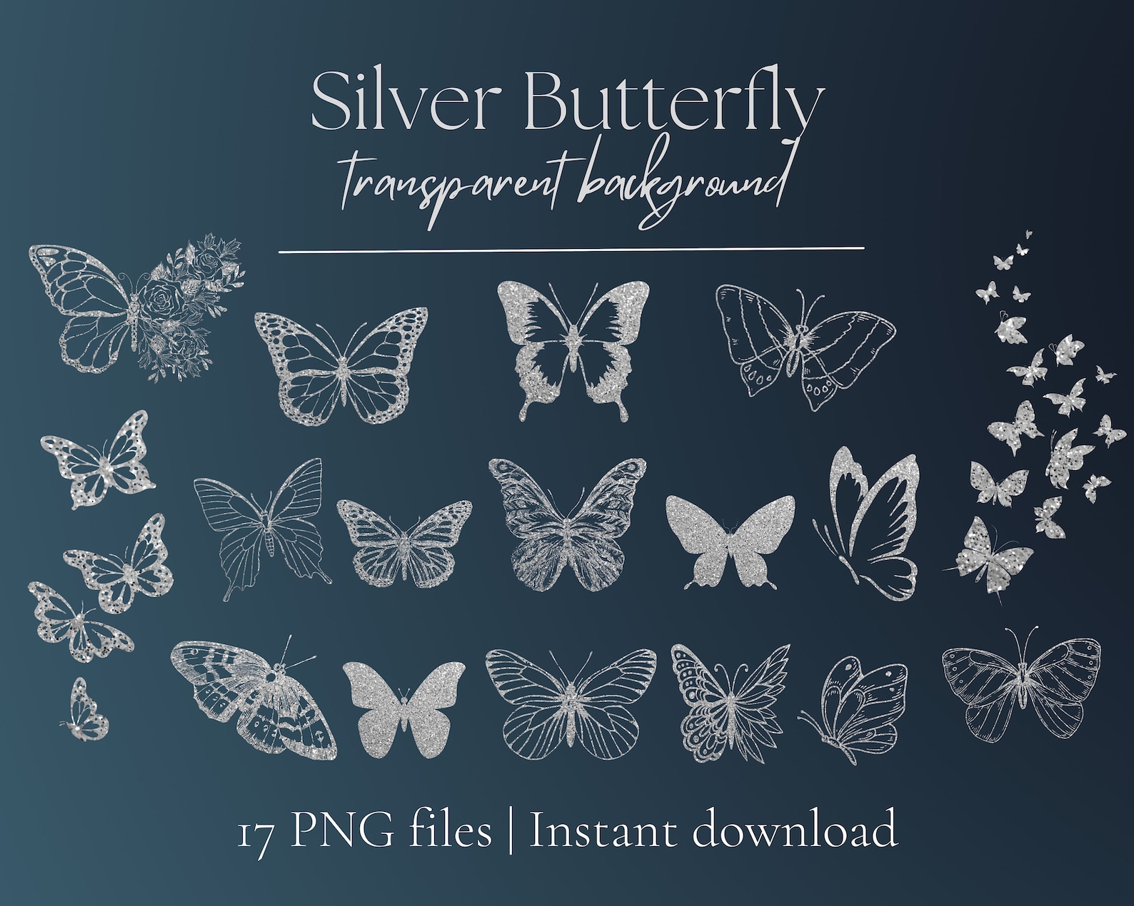 Silver Butterfly PNG Bundle, Butterfly Clipart, Silver Glitter ...